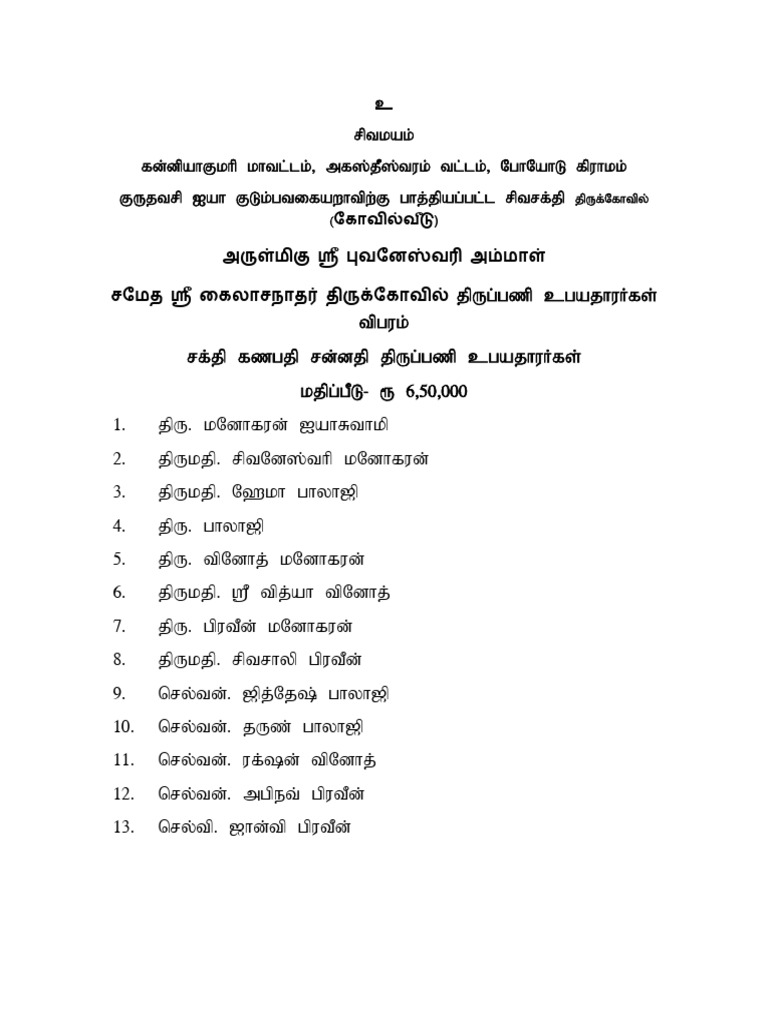 Temple Donation List Arun Karthic 2 | PDF