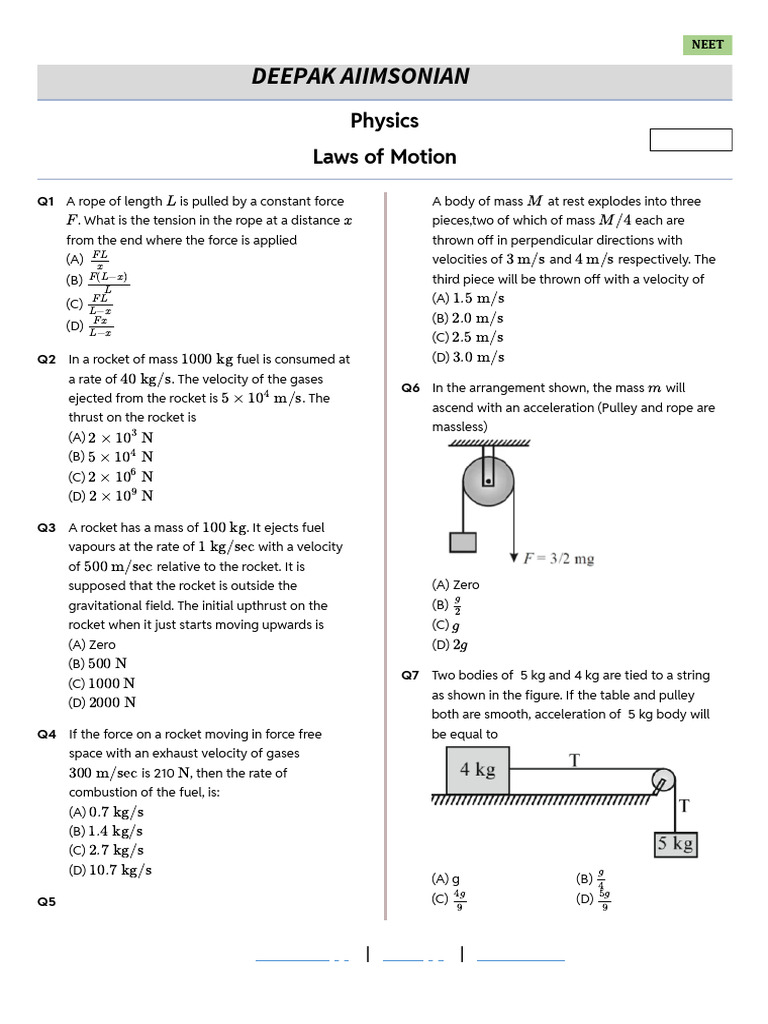 Laws of Motion Practice Test For Neet 2026 | PDF | Rocket | Force