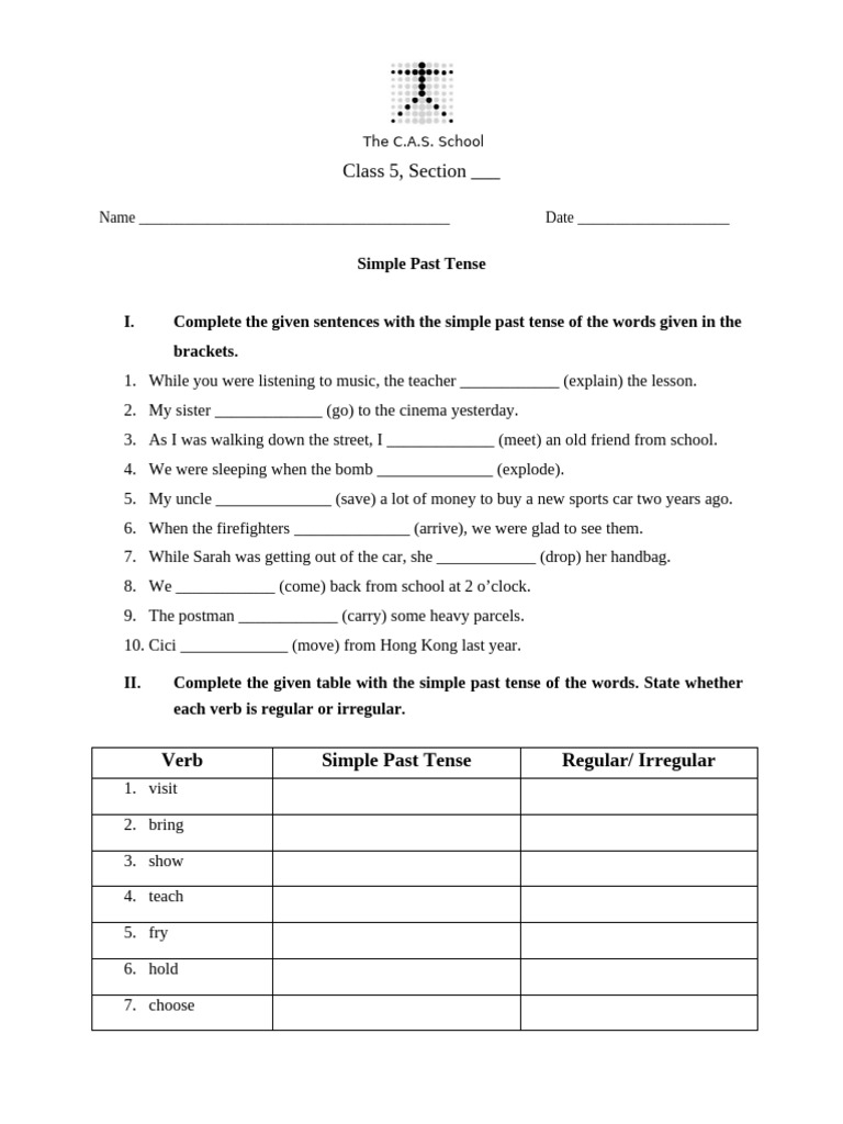 Simple Past Tense Exercises for Class 5 | PDF
