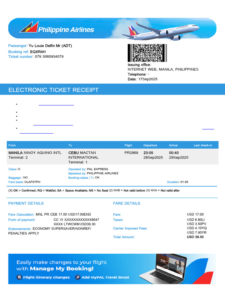 Philippine Airlines Electronic Ticket Receipt | PDF