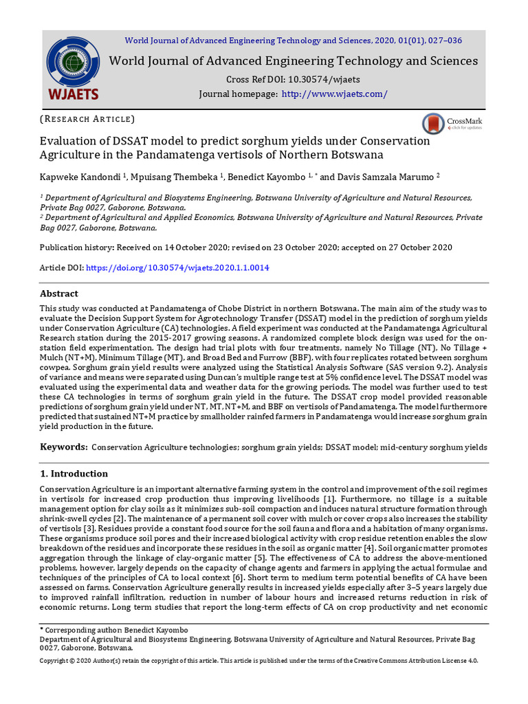 DSSAT Model for Sorghum Yield Prediction | PDF | Agriculture | Standard ...
