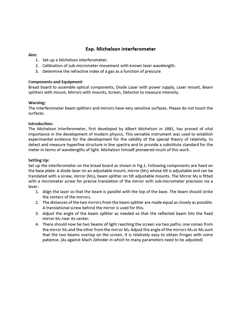 Michelson Interferometer Setup Guide | PDF | Interferometry ...