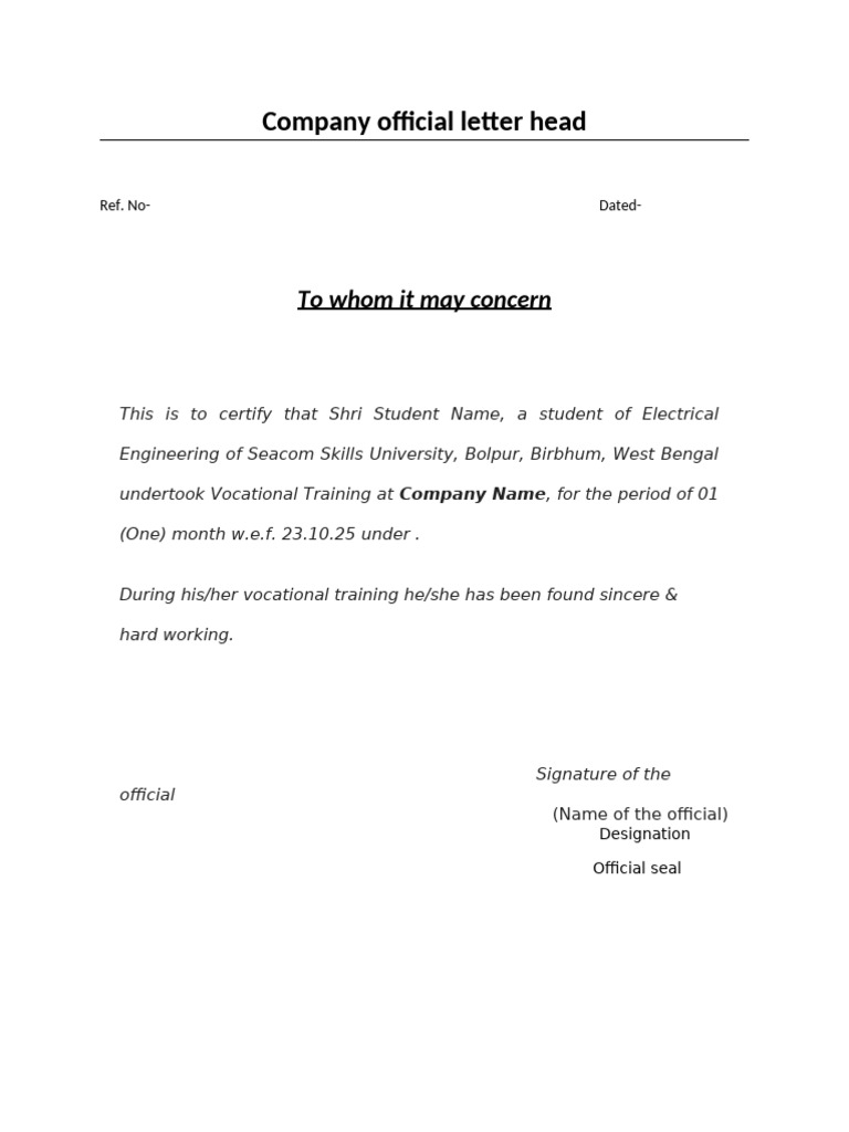 For Vocational Training Certificate Format | PDF