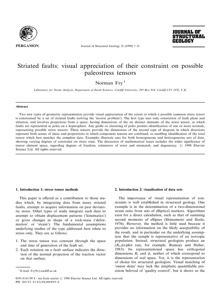 Fry, 1999 Striated Faults-Sigma-Space | PDF | Stress (Mechanics) | Tensor