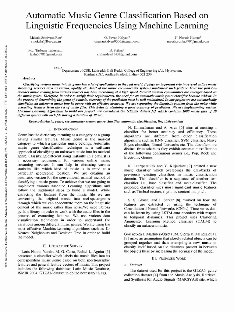Automatic Music Genre Classification Using ML | PDF | Statistical ...