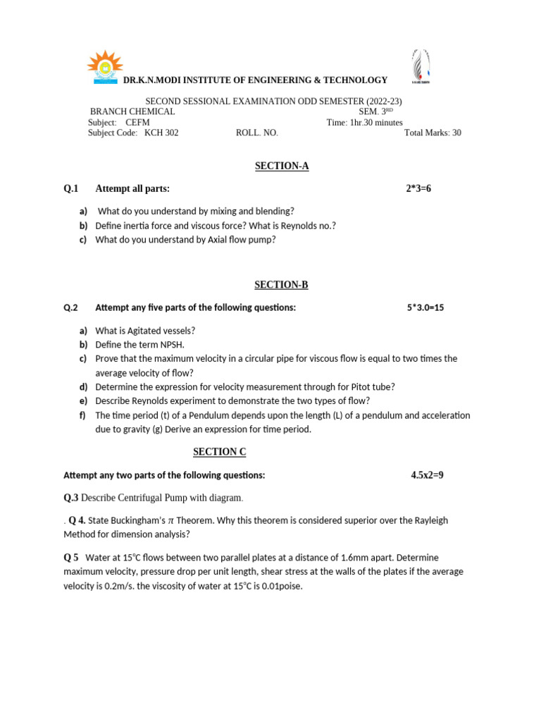 Chemical Engineering Exam Questions 2022-23 | PDF