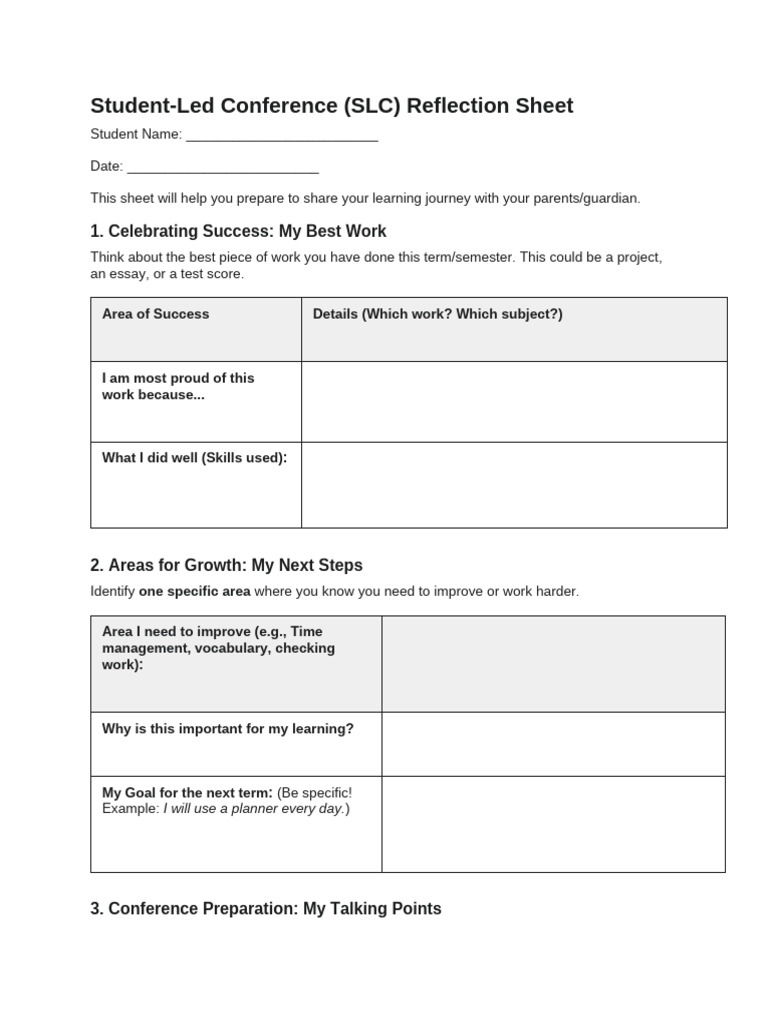 Student-Led Conference Reflection Sheet | PDF