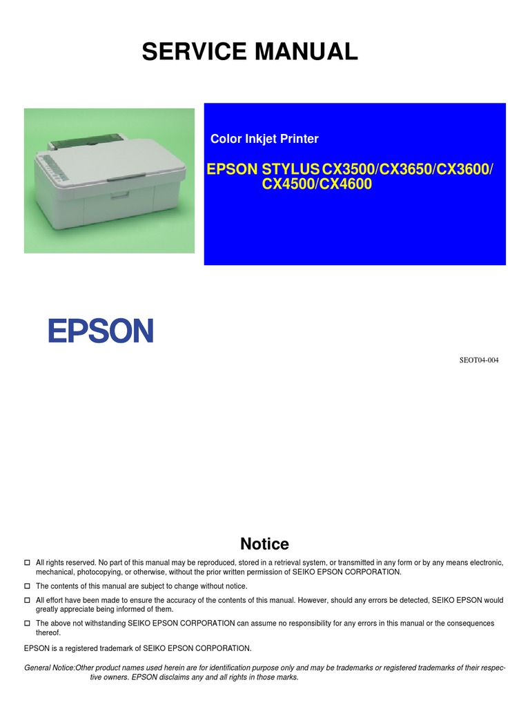 Service Manual: EPSON STYLUS CX3500/CX3650/CX3600/ CX4500/CX4600 | PDF | Secure Digital | Image ...