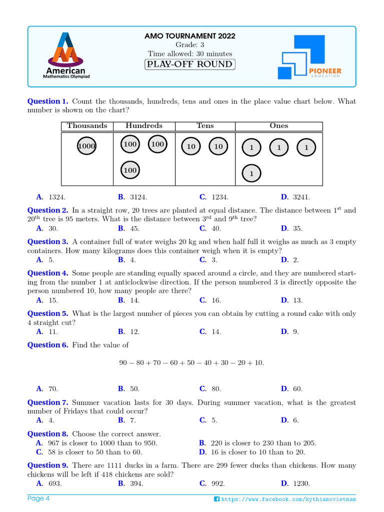 AMO 2022 Grade 3 Math Questions | PDF
