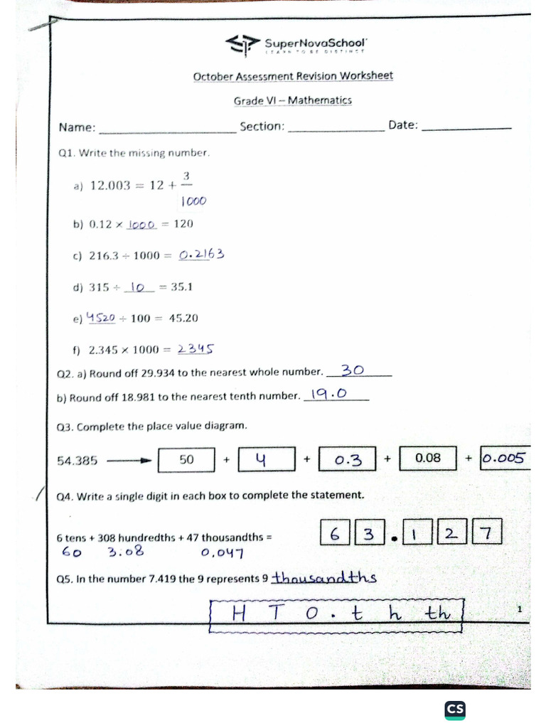 Grade 6, Revision Worksheet, Solution | PDF