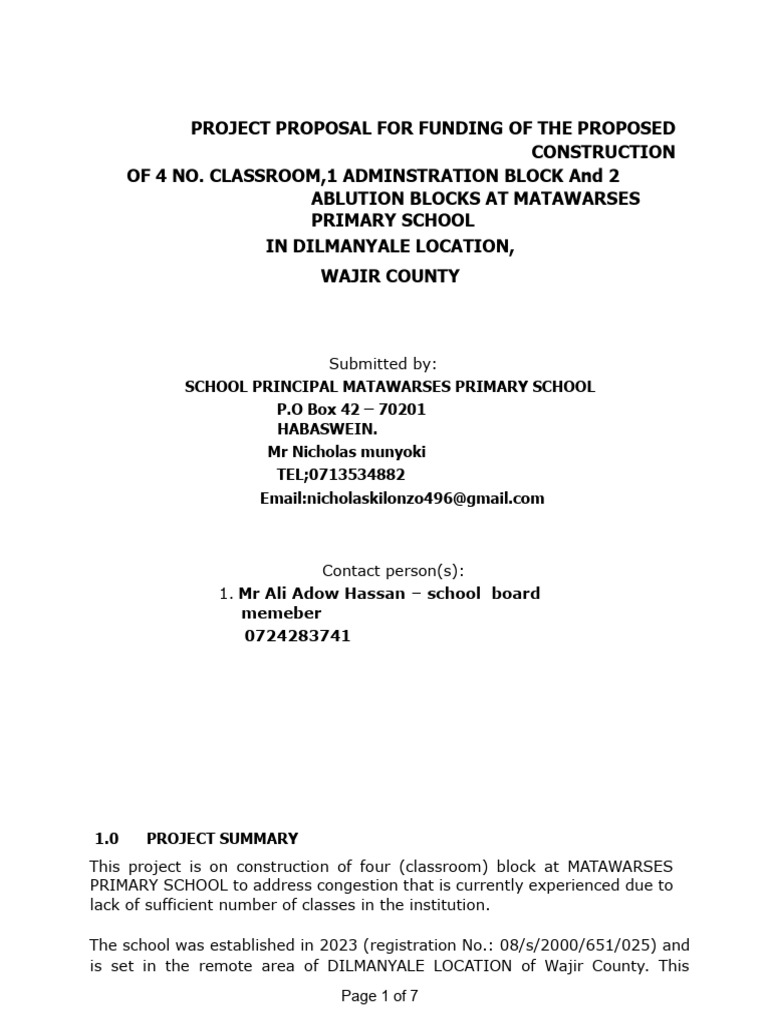 Project Proposal Marawarsaes Primary School | PDF | Teachers
