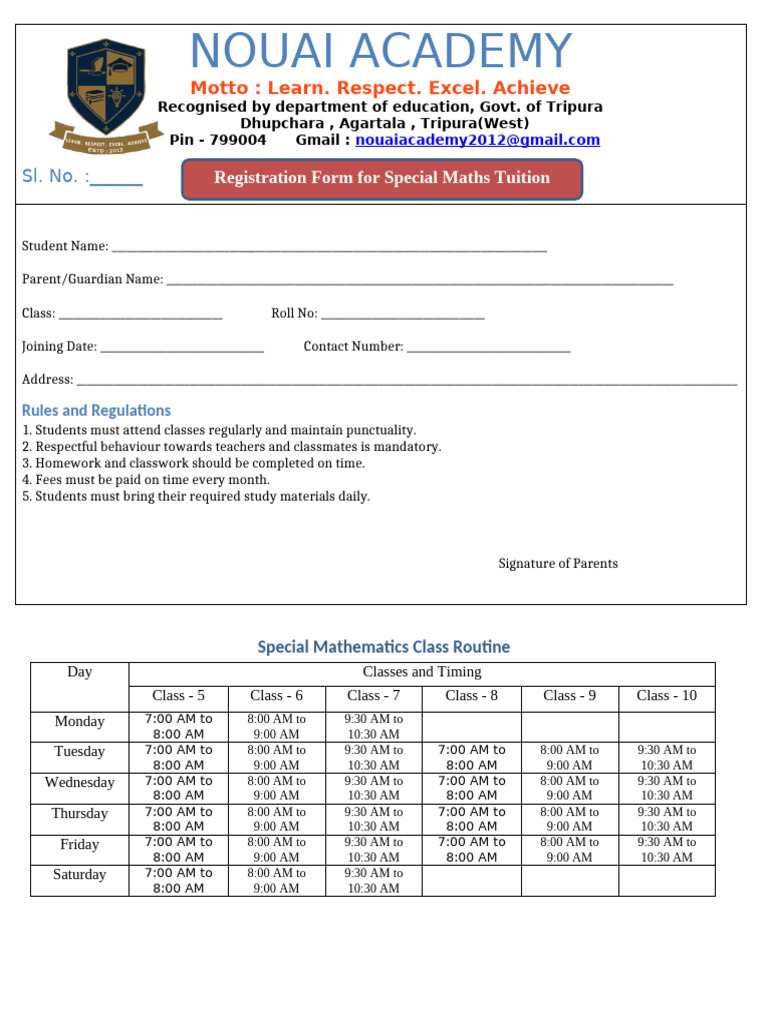 Special Maths Class Registration - Form | PDF