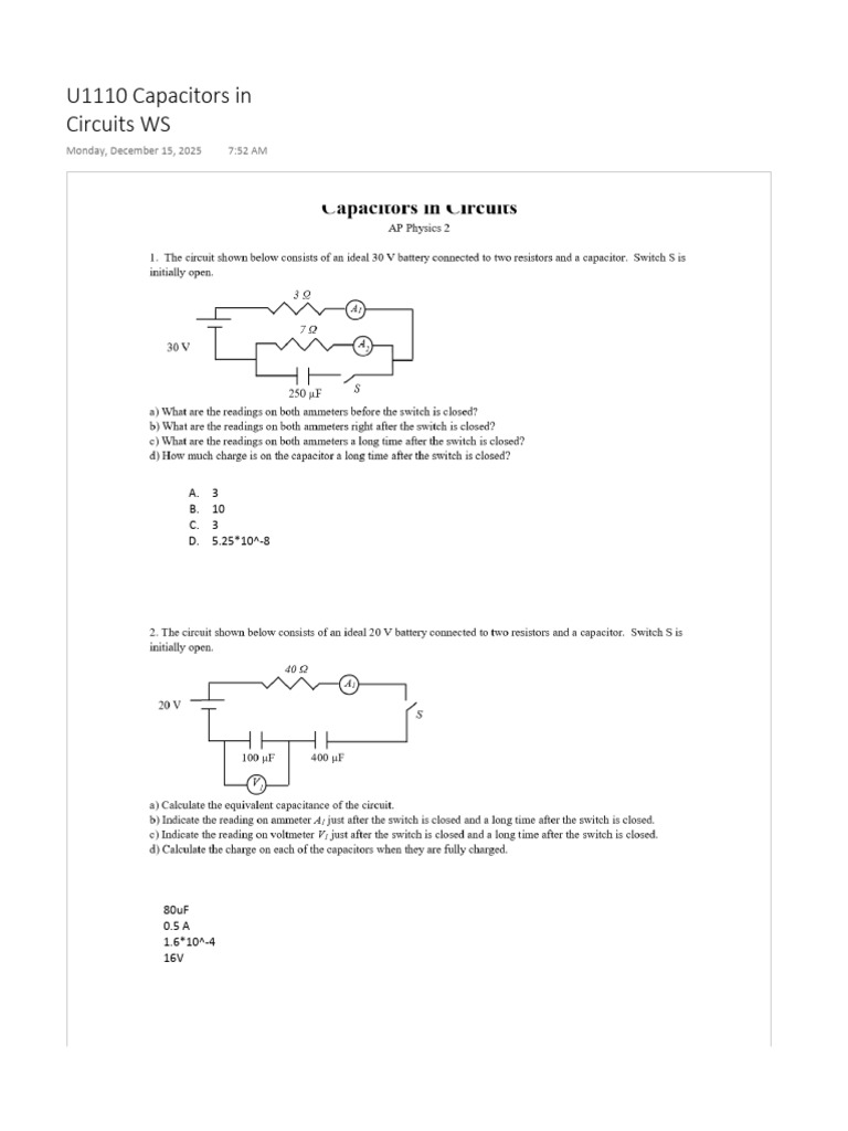U1110 Capacitors in Circuits WS | PDF