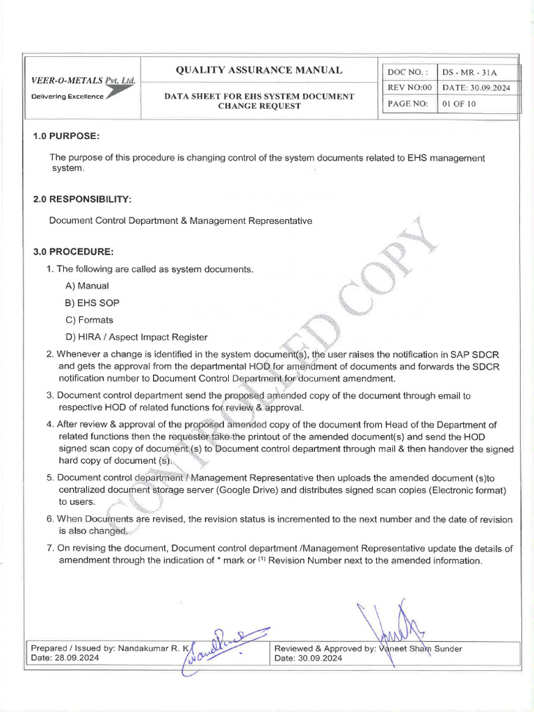 Ehs System Document Change Request Ehs | PDF