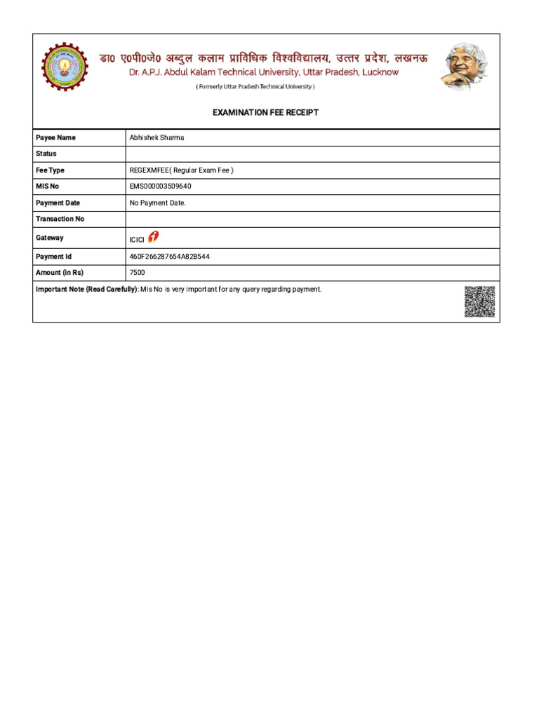 Exam Fee Receipt for Abhishek Sharma | PDF