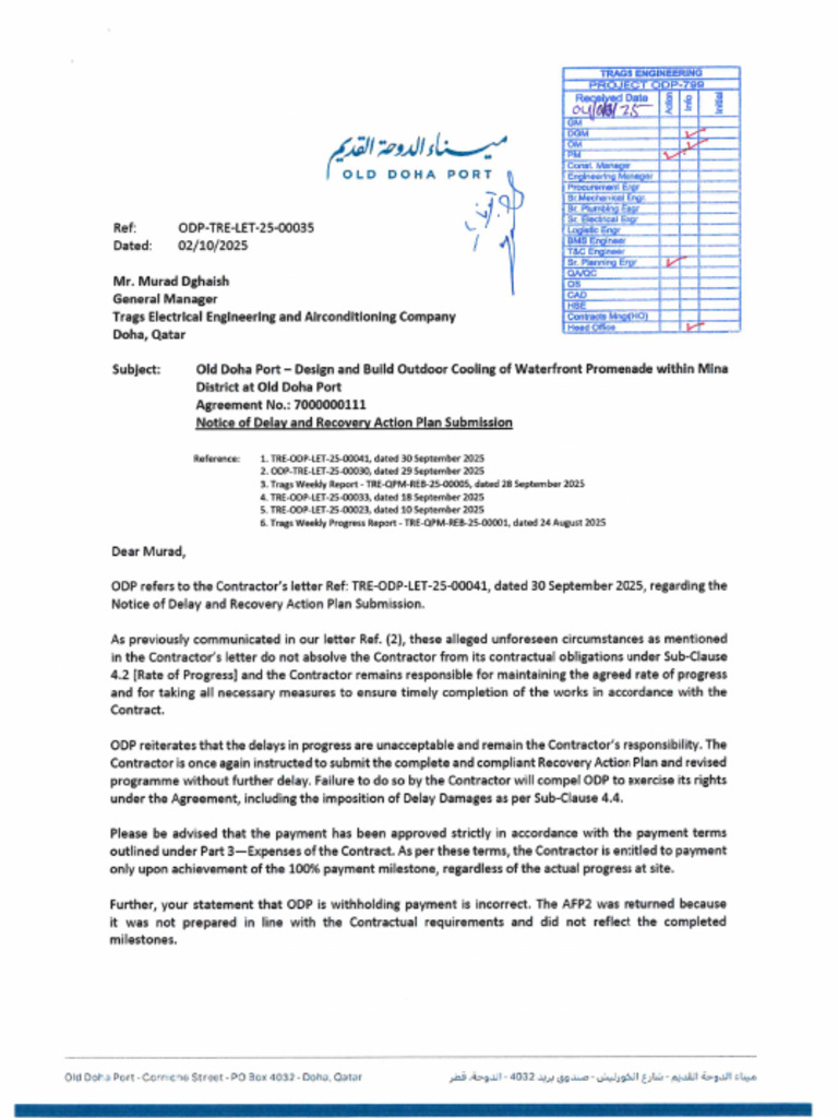 ODP-TRE-LET-25-00035 Notice of Delay and Recovery Action Plan ...