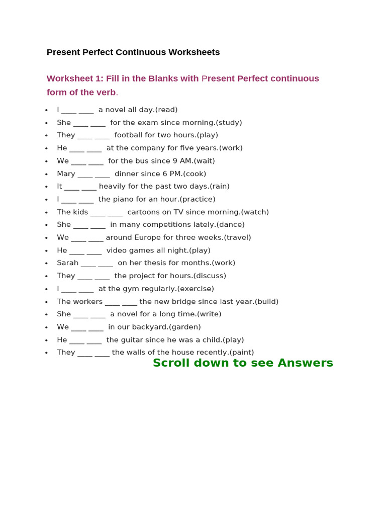 Present Perfect Continuous Worksheets | PDF