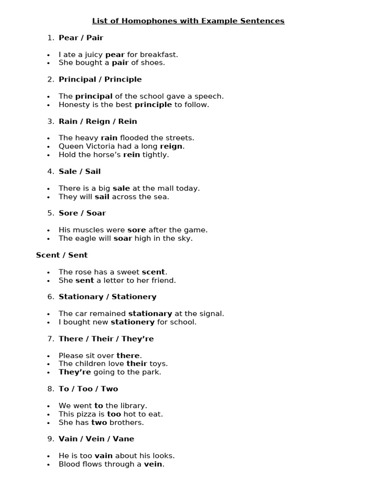 Homophones List with Examples | PDF