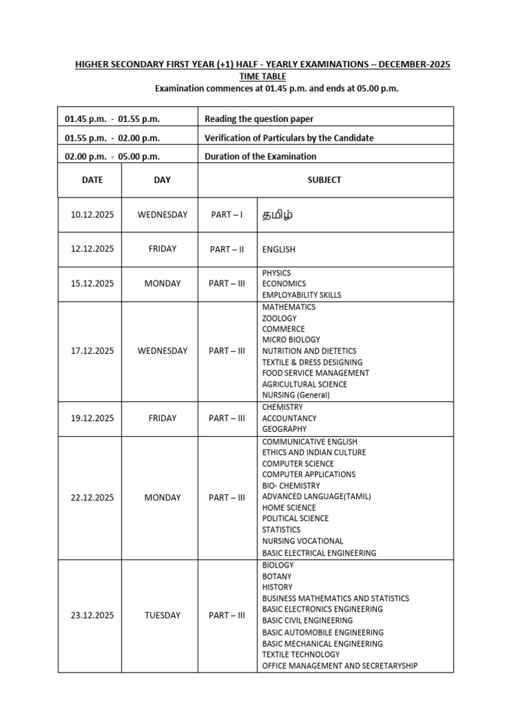 Higher Secondary Exam Timetable Dec 2025 | PDF | Engineering | Science