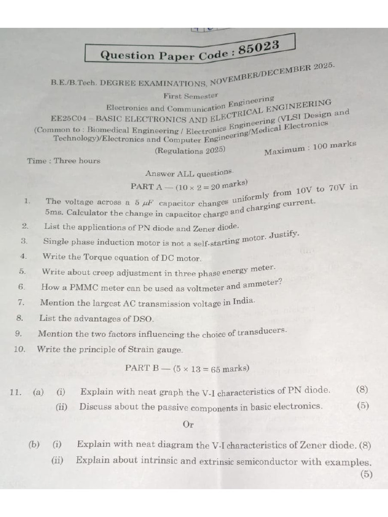 EE25C04 Basic Electronics and Electrical Engineering Nov Dec 2025 ...