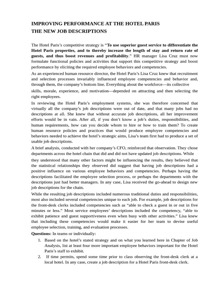 Case Improving Performance at The Hotel Paris Through Job Analysis ...