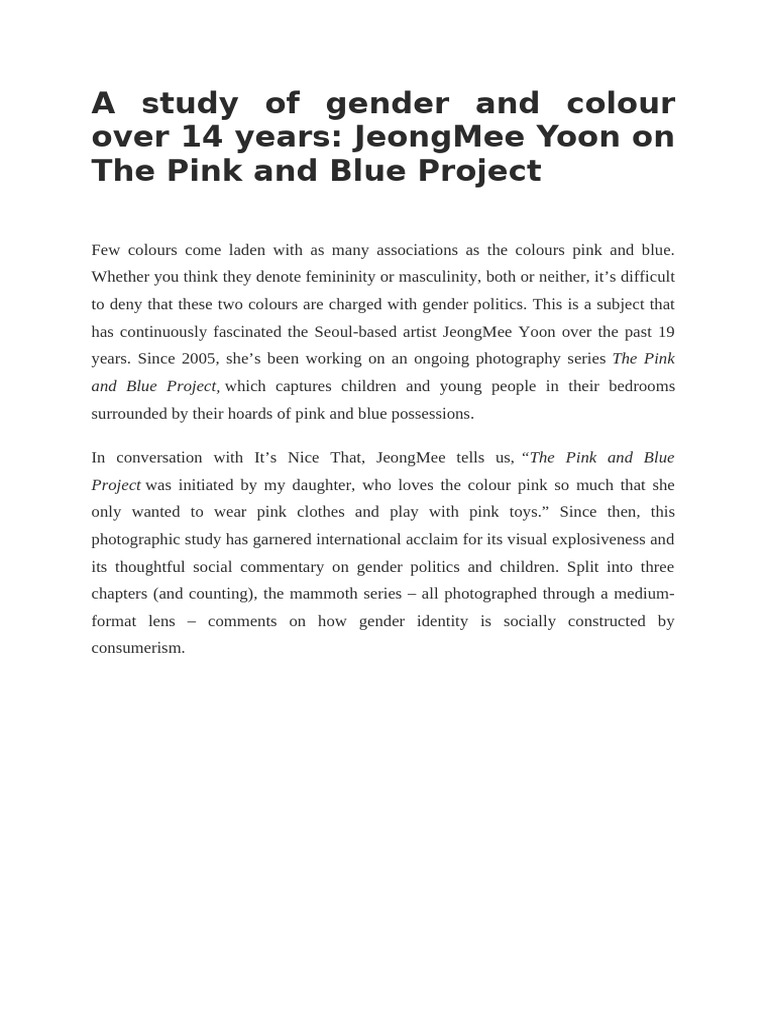 JeongMee Yoon's Pink and Blue Project | PDF | Gender | Gender Studies