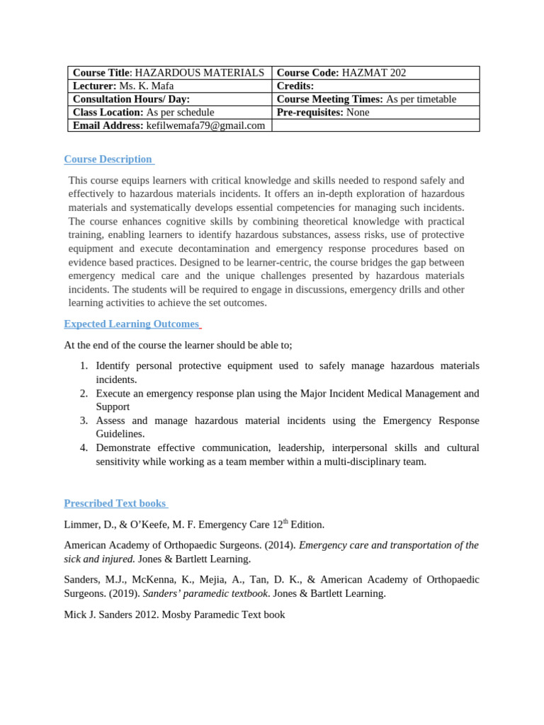 Hazmat Course Outline 2025 | PDF | Dangerous Goods | Paramedic