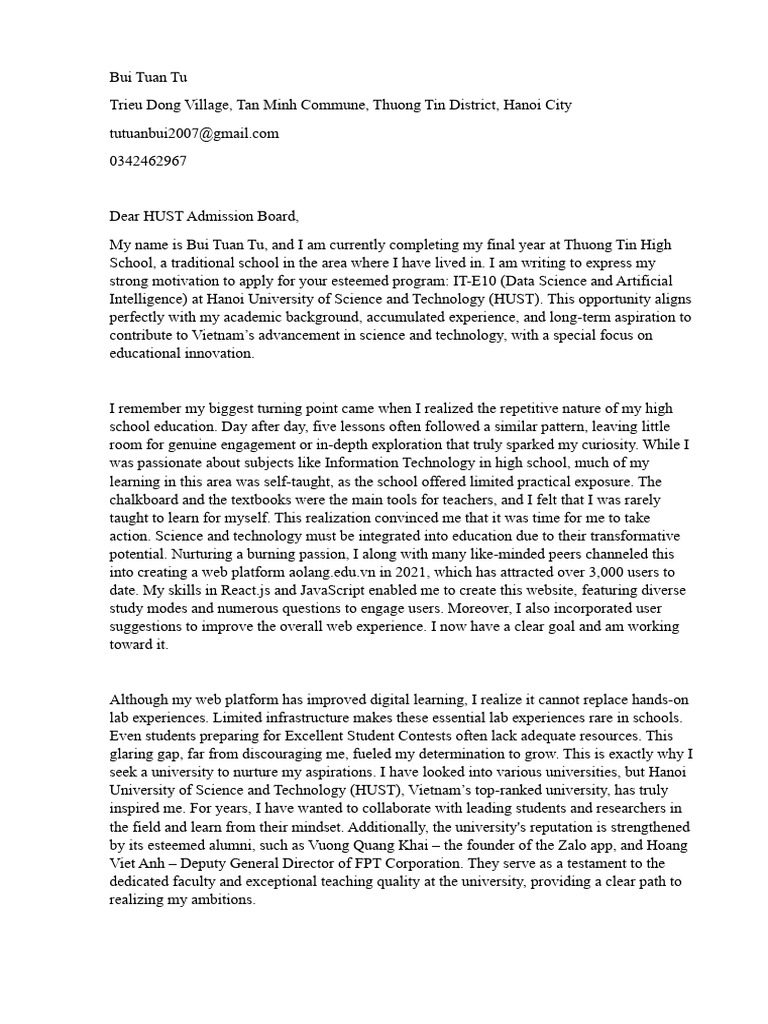 Motivation Letter Bui Tuan Tu | PDF | Artificial Intelligence ...