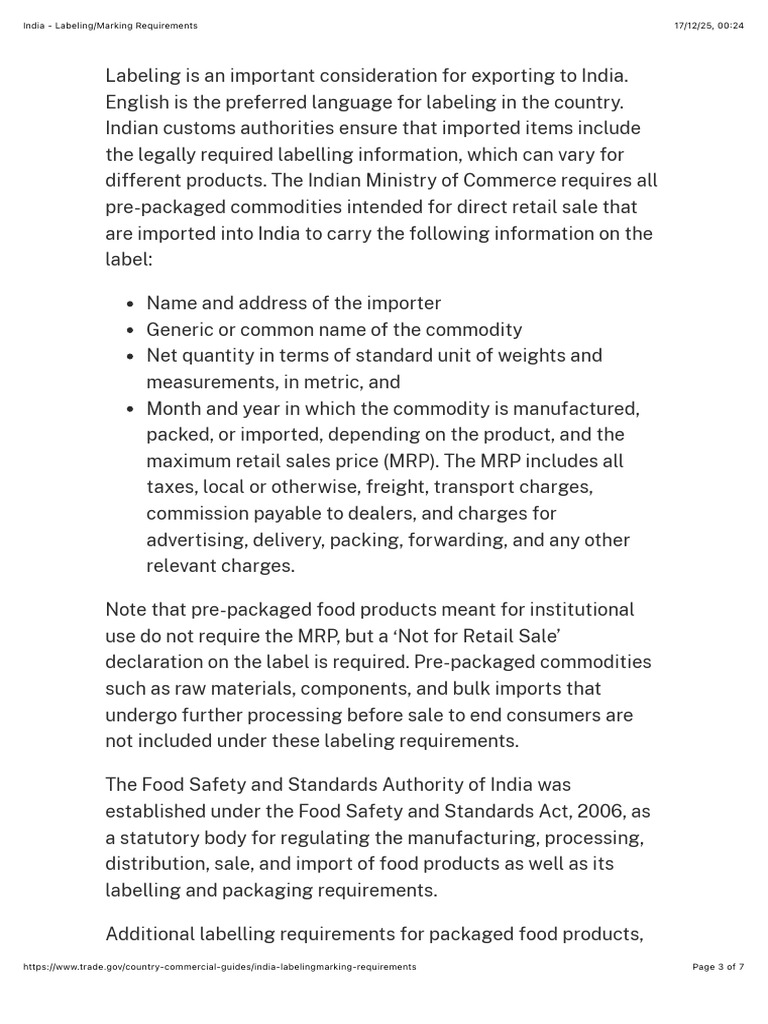 India Export Labeling Requirements Guide | PDF | Food Safety