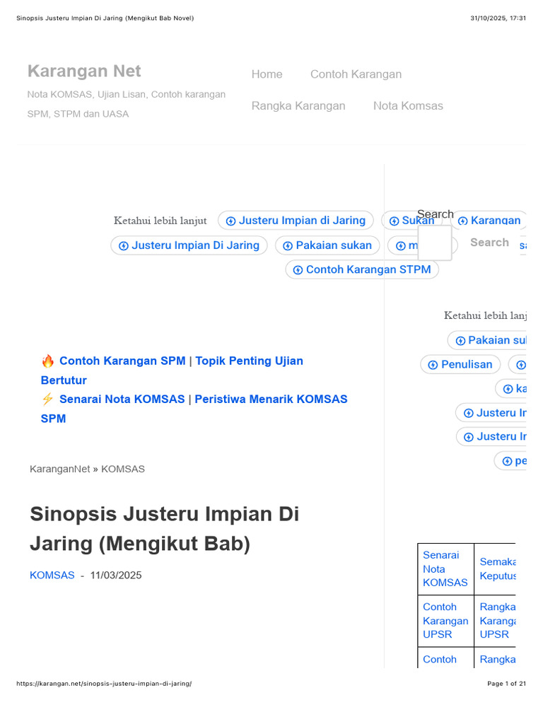 Sinopsis Novel Justeru Impian Di Jaring | PDF