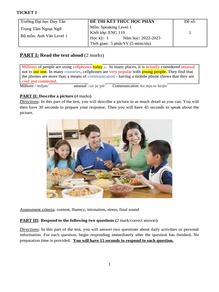 V1-Speaking Level 1 - Final Test 1 | PDF