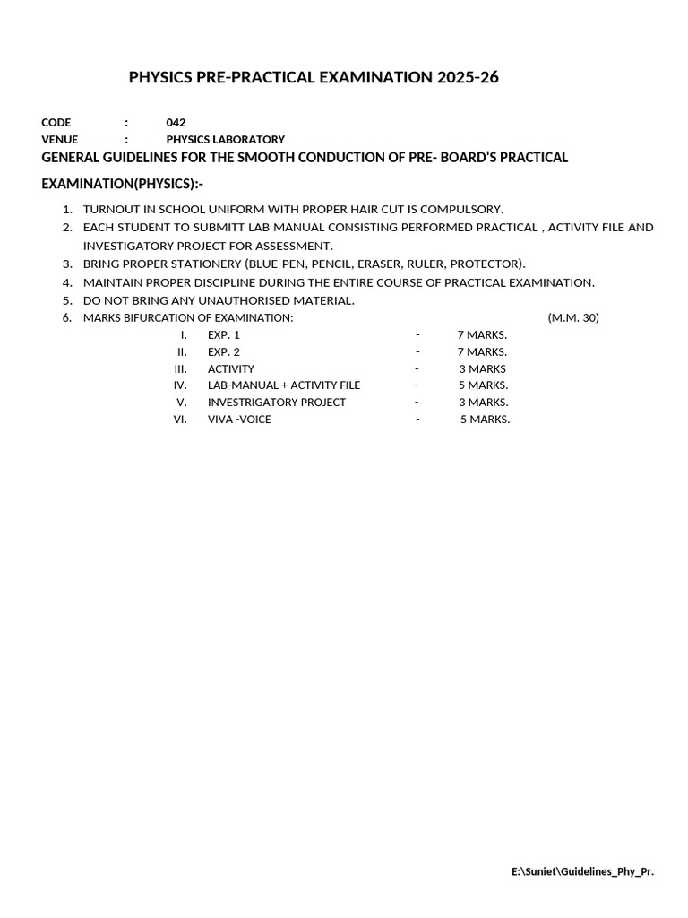 Physics Pre-Practical Exam Guidelines 2025-26 | PDF