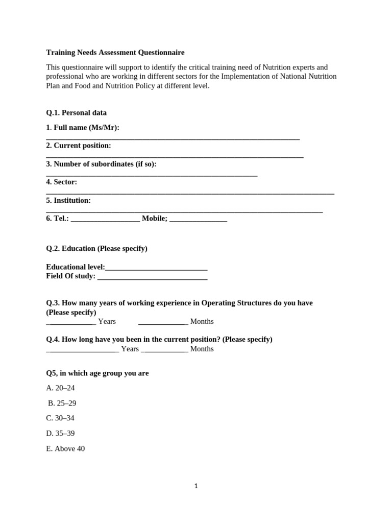Training Needs Assessment Questionnaire (July 2019) | PDF