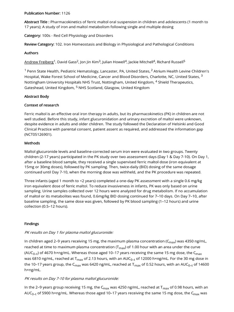 Ferric Maltol Pharmacokinetics in Youth | PDF | Dose (Biochemistry ...