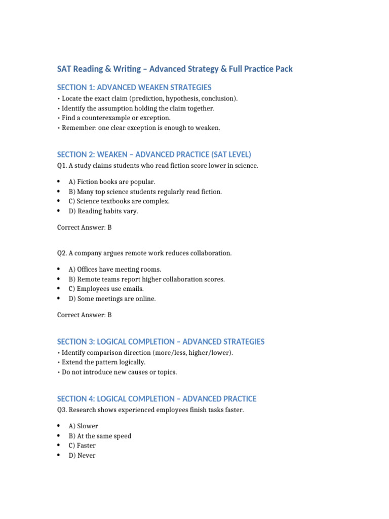 SAT Advanced Reading & Writing Strategies | PDF