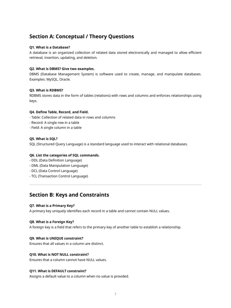 Cbse Class 12 Computer Science - SQL Important Questions With Answers ...