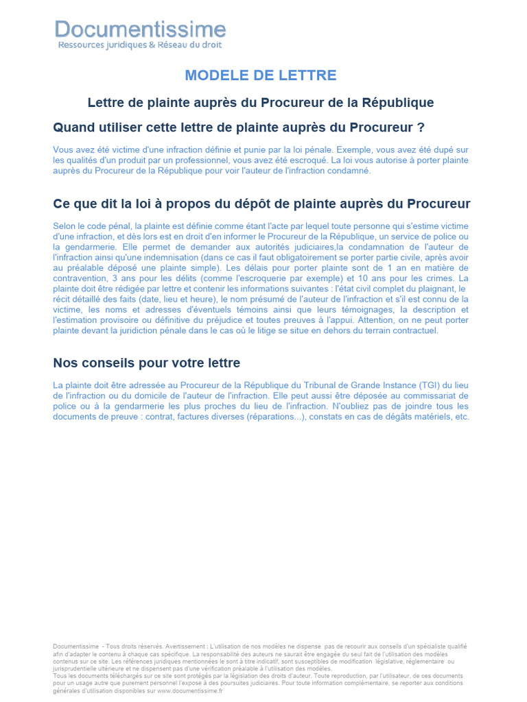 Modèle de lettre de plainte pénale | PDF | Plainte | Justice