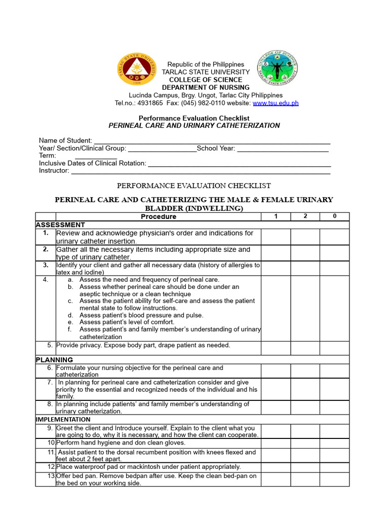Perineal Care & Catheterization Checklist | PDF | Catheter