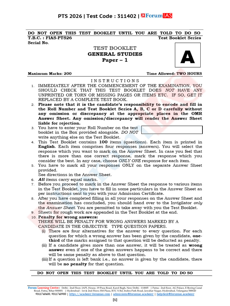 PTS 2026 General Studies Test Booklet | PDF | United Nations Framework ...