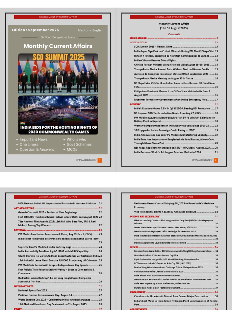 August 2025 Current Affairs Summary | PDF | Vladimir Putin | World Politics
