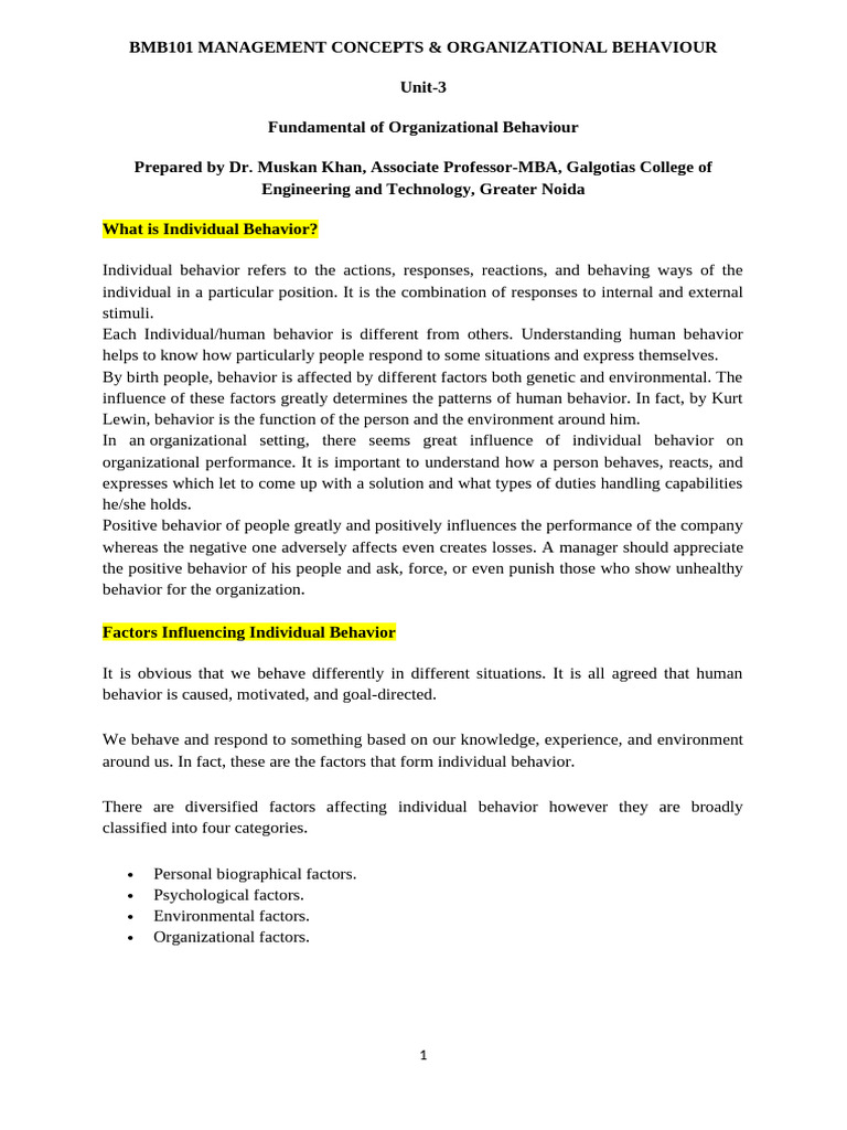 BMB101-UNIT-3_Fundamentals of OB | PDF | Attitude (Psychology) | Affect ...