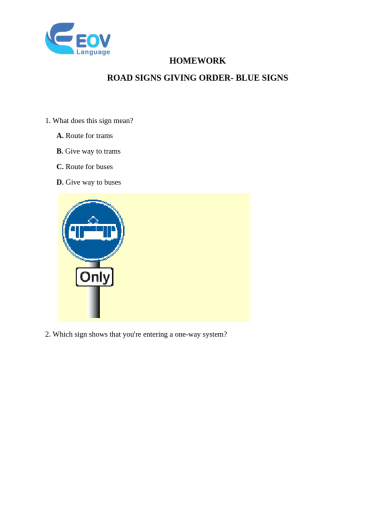 Road Signs Giving Order - Blue Signs - Homework | PDF