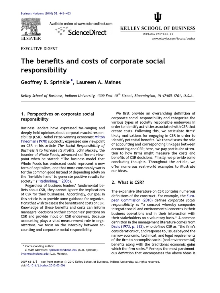 The Benefits and Costs of CSR | PDF | Corporate Social Responsibility ...