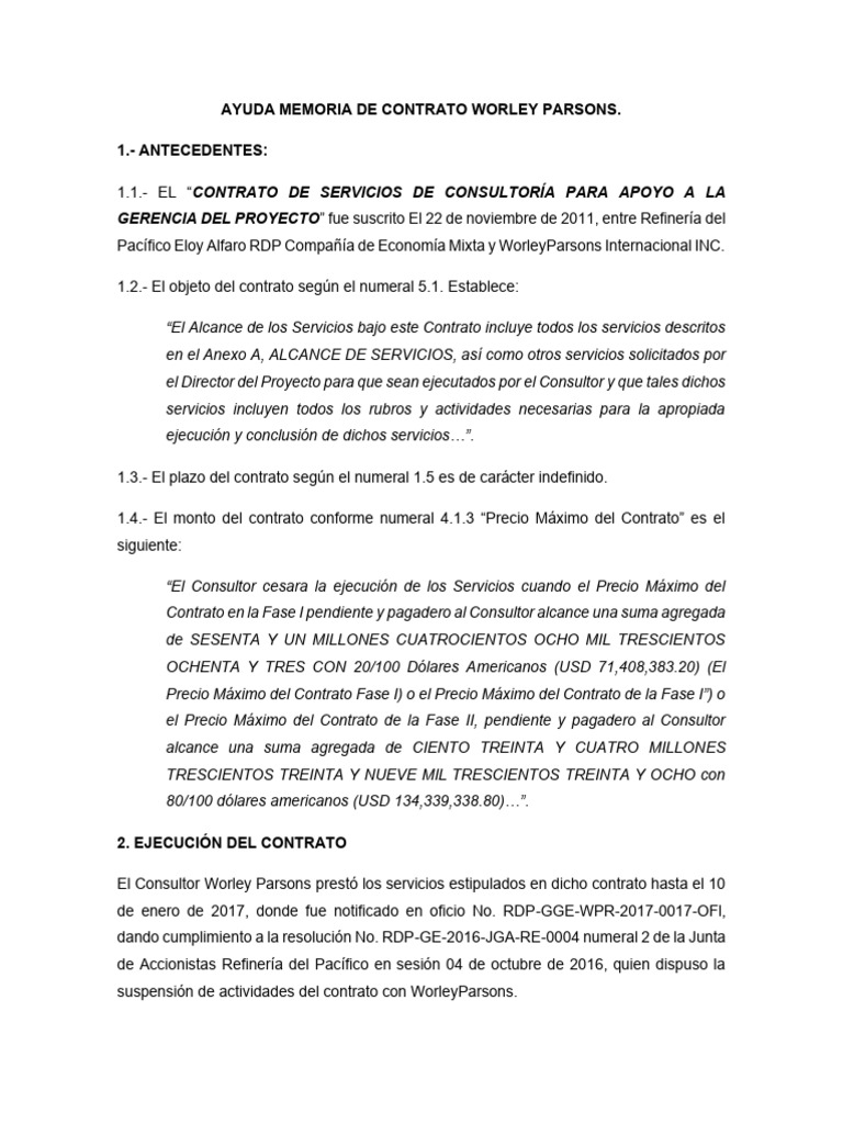 Contrato WorleyParsons: Análisis y Estado Actual | PDF