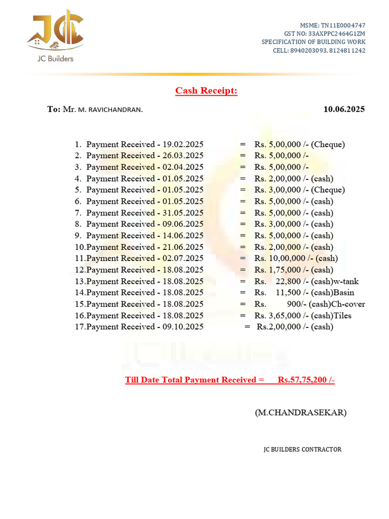 Cash Receipt Summary for JC Builders | PDF