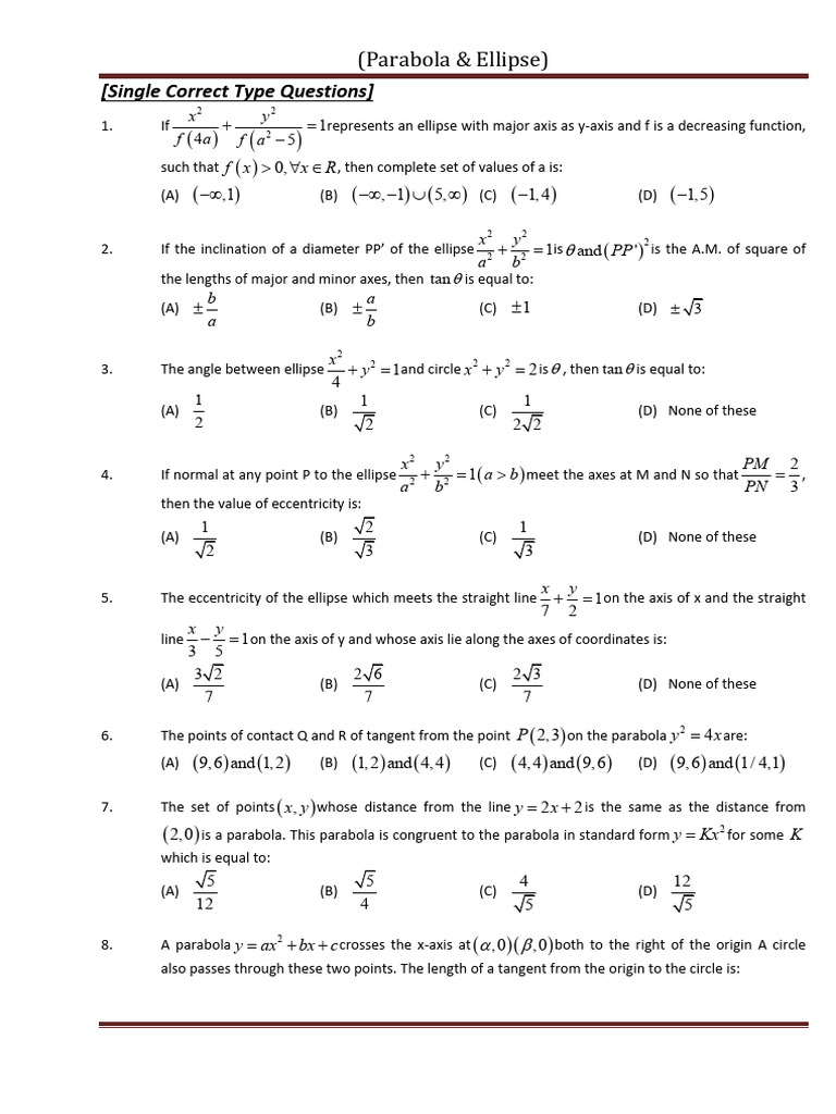 Parabola & Ellipse Question Practice Set Set by IITians | PDF | Ellipse ...