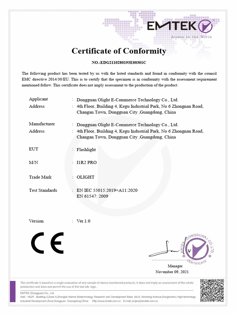 Olight I1R2 PRO Certificate of Conformity | PDF
