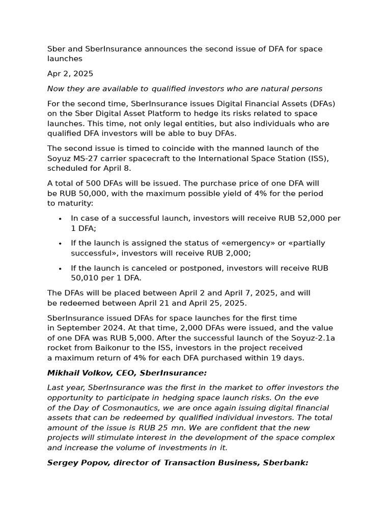 Sber and SberInsurance Announces The Second Issue of DFA For Space ...