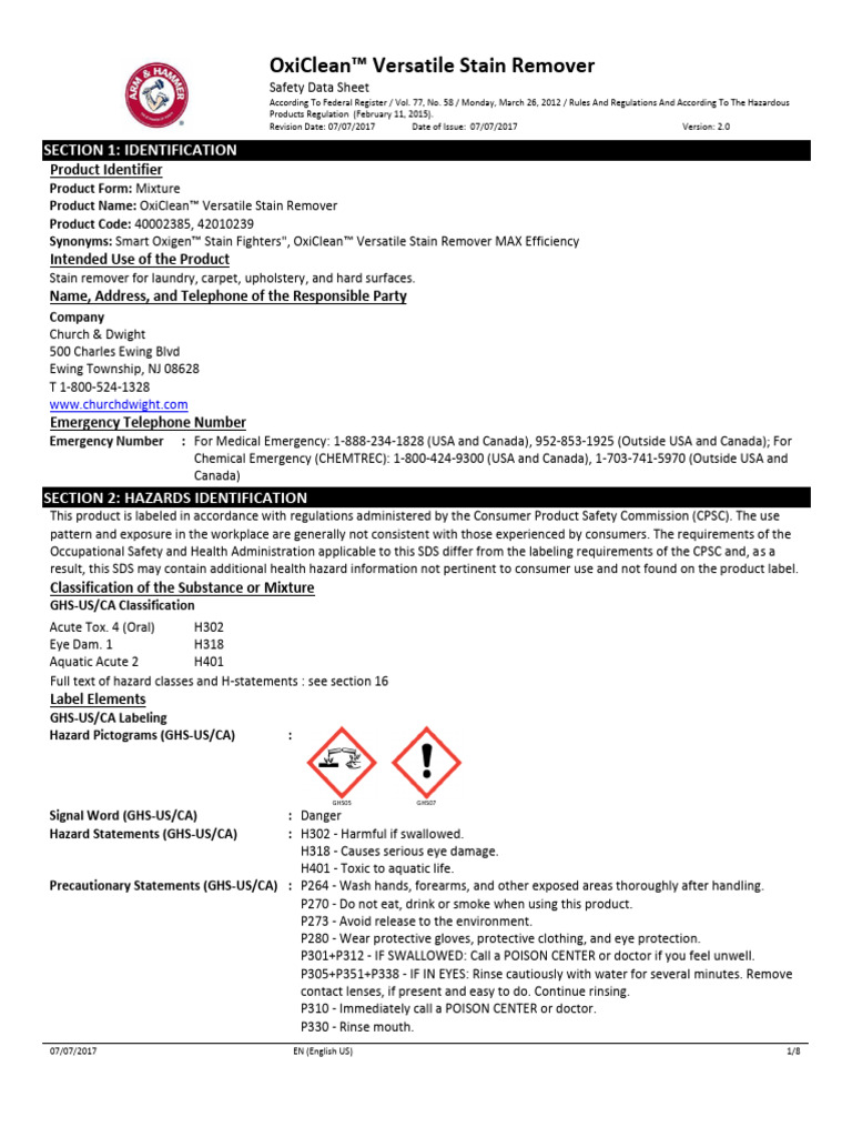 SDS OxiClean Versatile Stain Remover | PDF | Firefighting | Toxicity