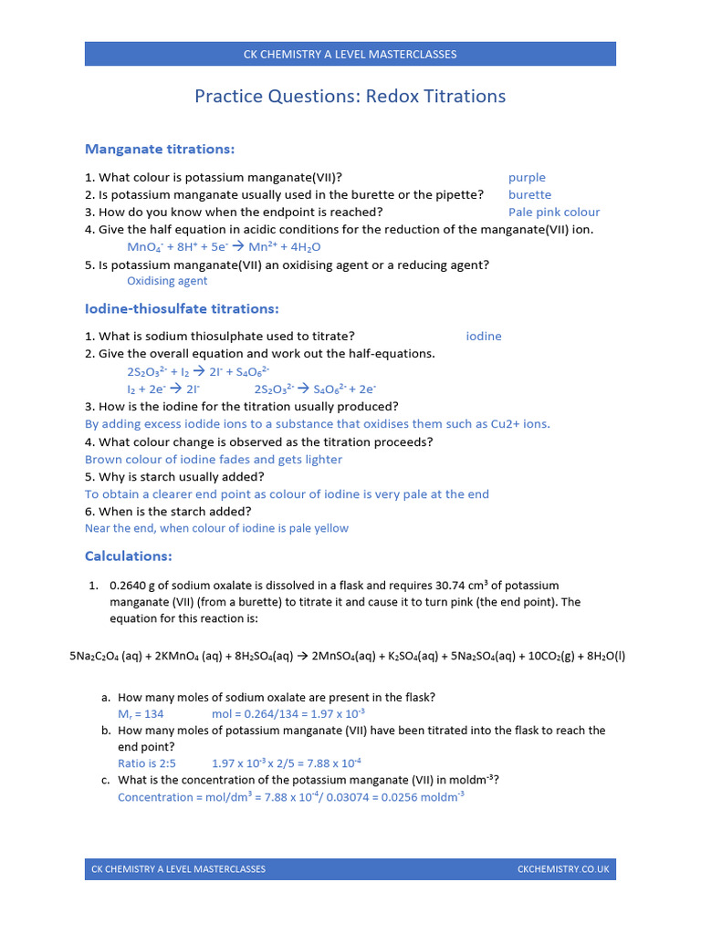 Redox Titrations Practice Questions Answers | PDF | Titration | Chemistry